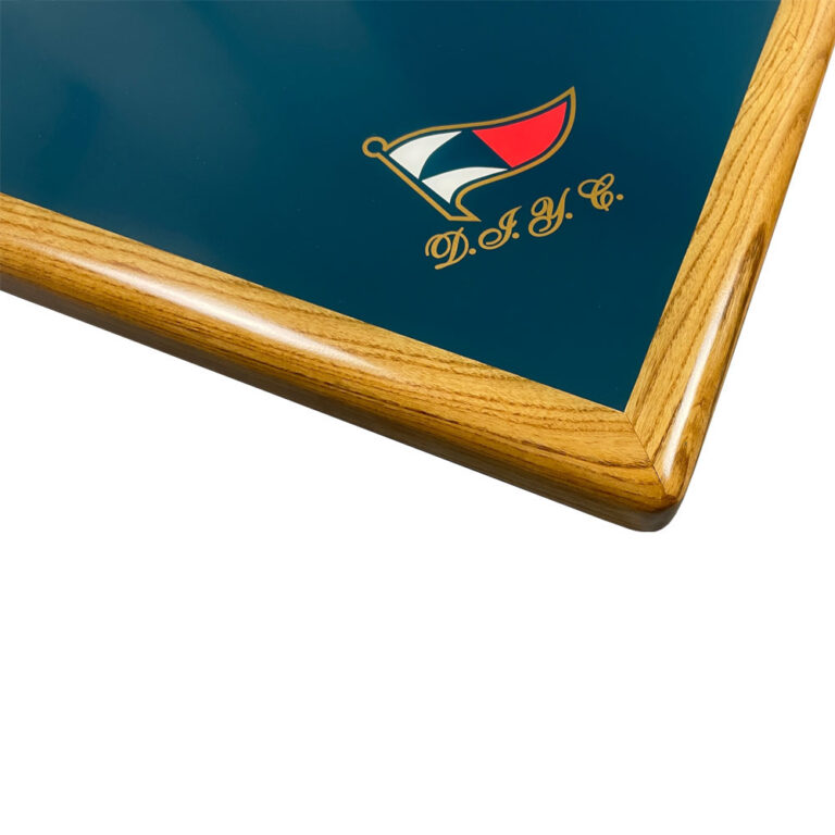 Solid Painted Inlay with Customer Logos and Ash Wood Edge - Table Designs